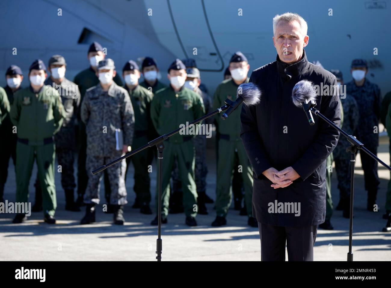 NATO Secretary-General Jens Stoltenberg delivers a speech to personnels ...