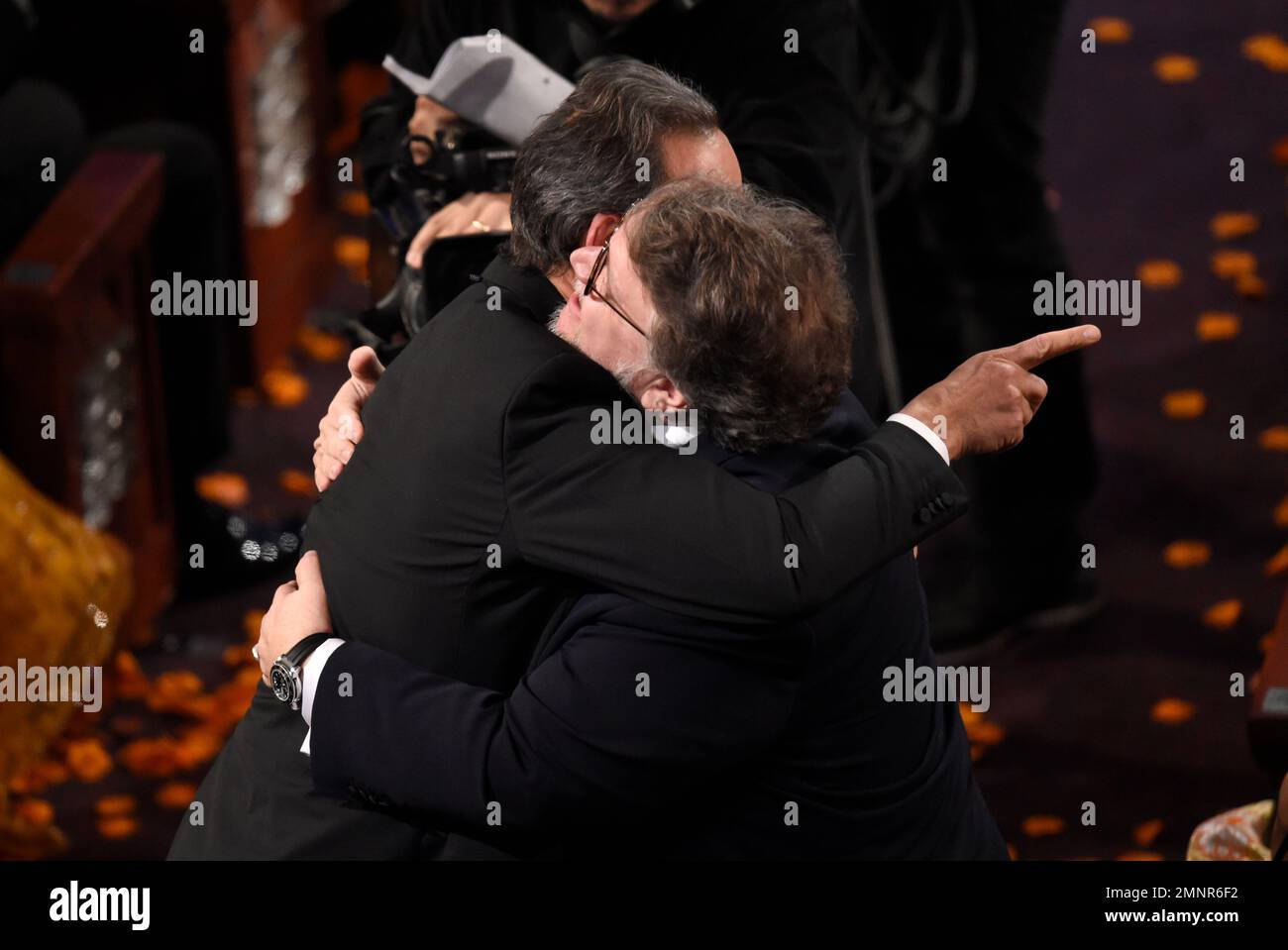 Guillermo del Toro, right, congratulates Alexandre Desplat in the ...