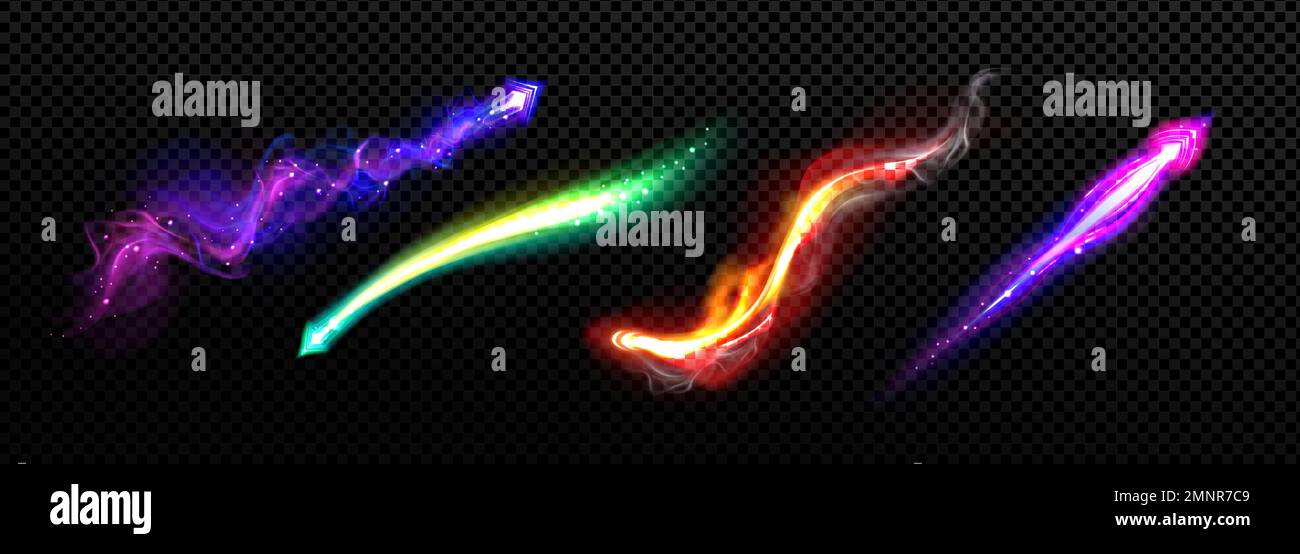 Realistic set of magic power neon light trails isolated on transparent ...