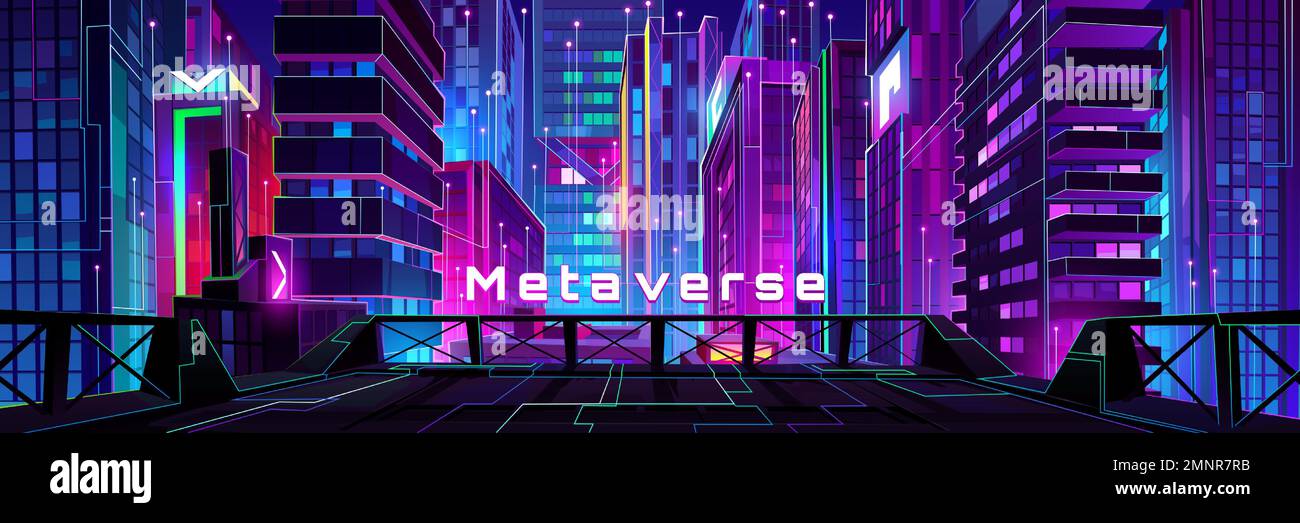 Night city street with neon illumination, metaverse technology glow ...
