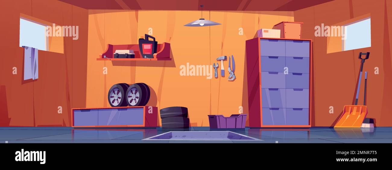 Garage or workshop interior with repair tools and car tyres. Empty ...