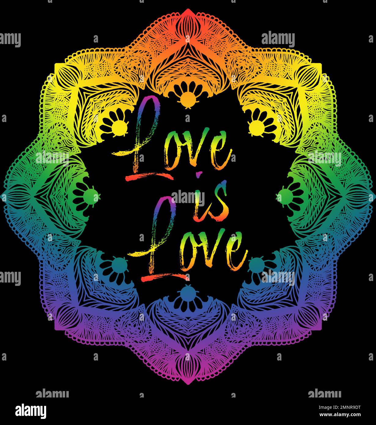 LOVE IS LOVE Mandala hand drawn with rainbow colors for gay pride with ...