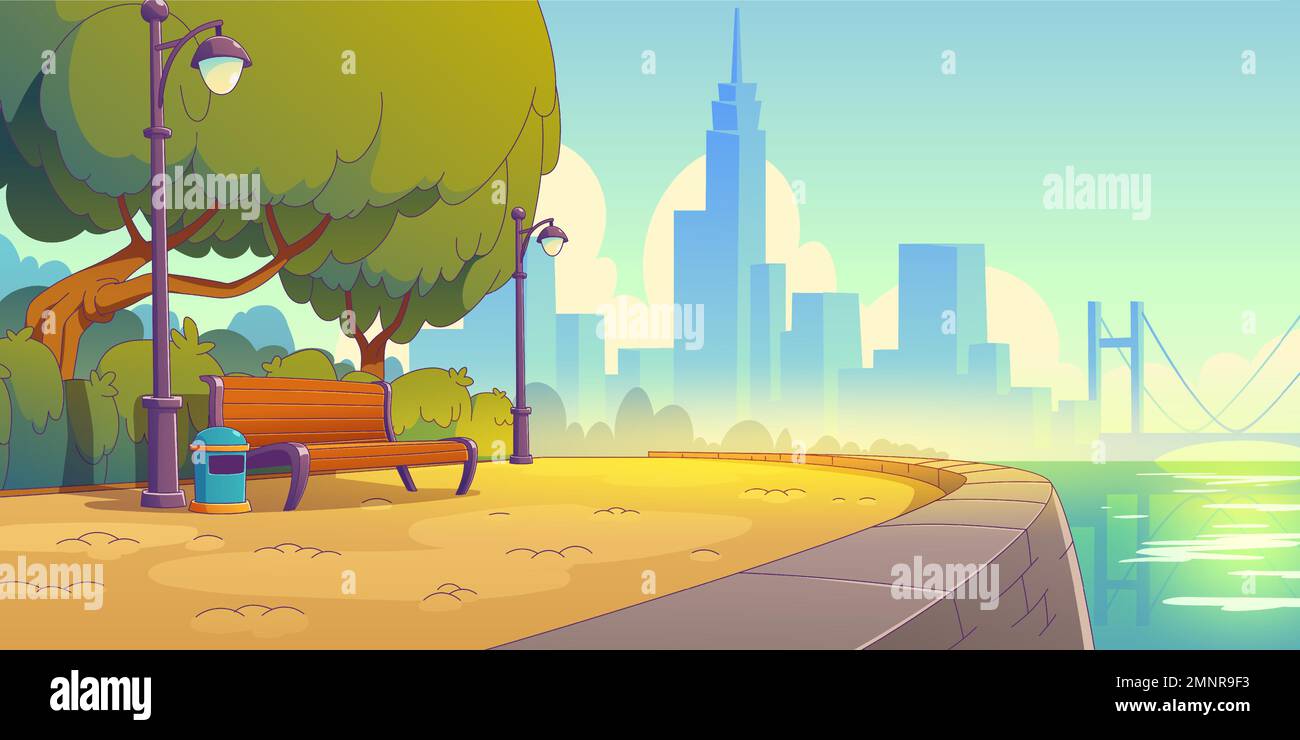 Summer cityscape with benches in park on river bank. Vector ...