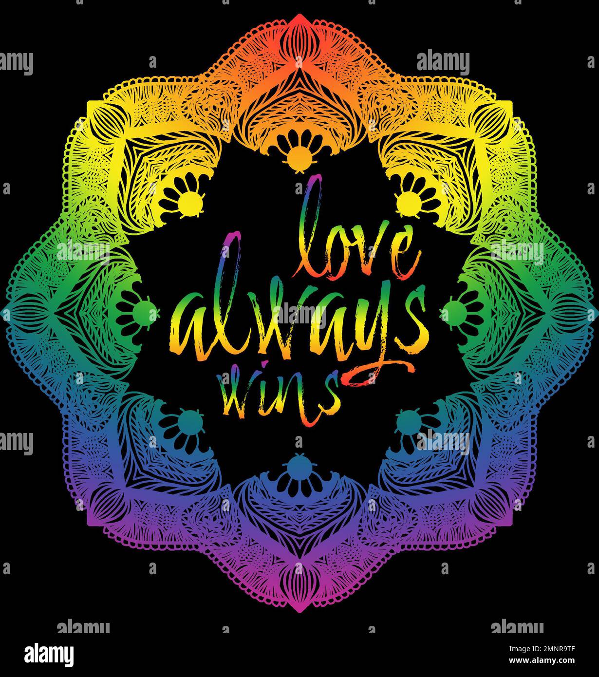 LOVE ALWAYS WINS Pride LGBTQ themed hand drawn mandala with black background and rainbow colors ...