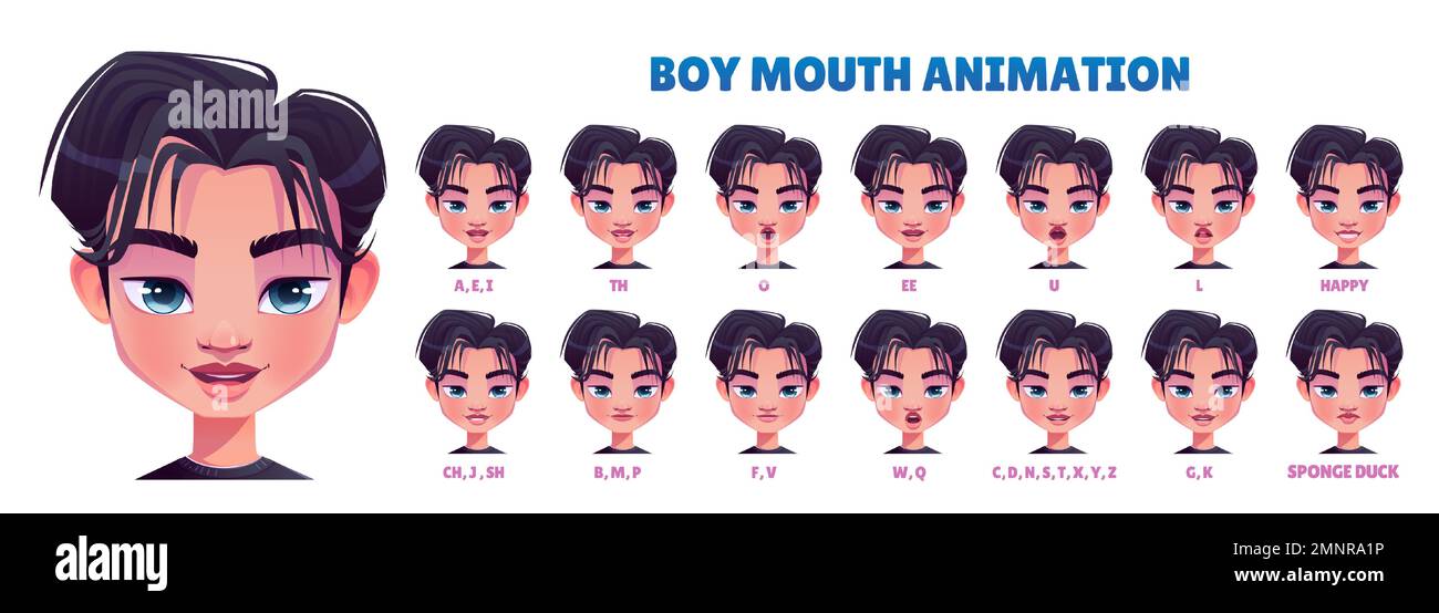 Asian boy mouth animation set isolated on white background. Lip sync ...