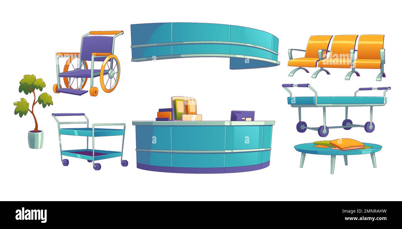 Hospital hall, clinic corridor interior set with reception counter ...