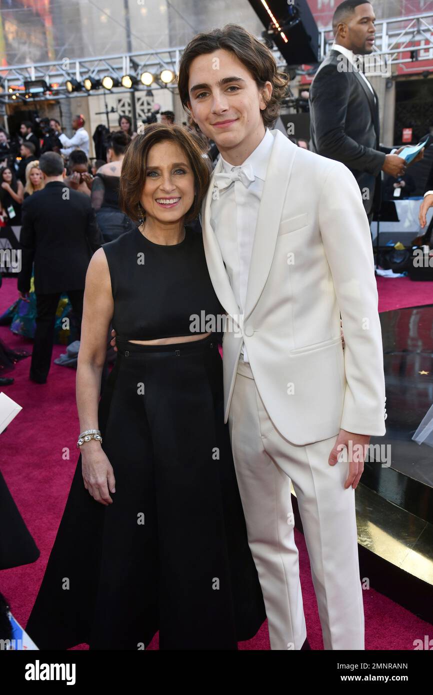 Nicole Flender, left, and Timothee Chalamet arrive at the Oscars on ...