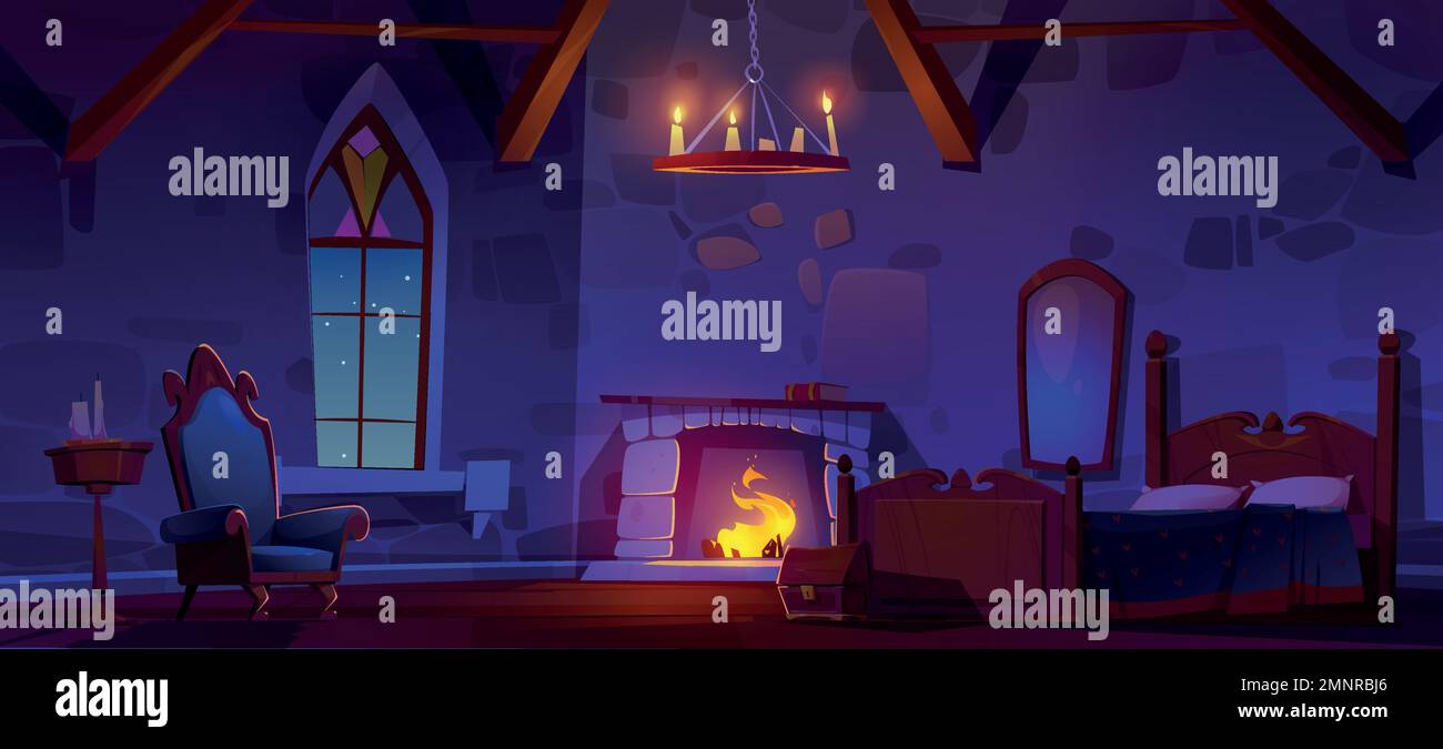 Bedroom in castle with fireplace and wooden furniture at night ...