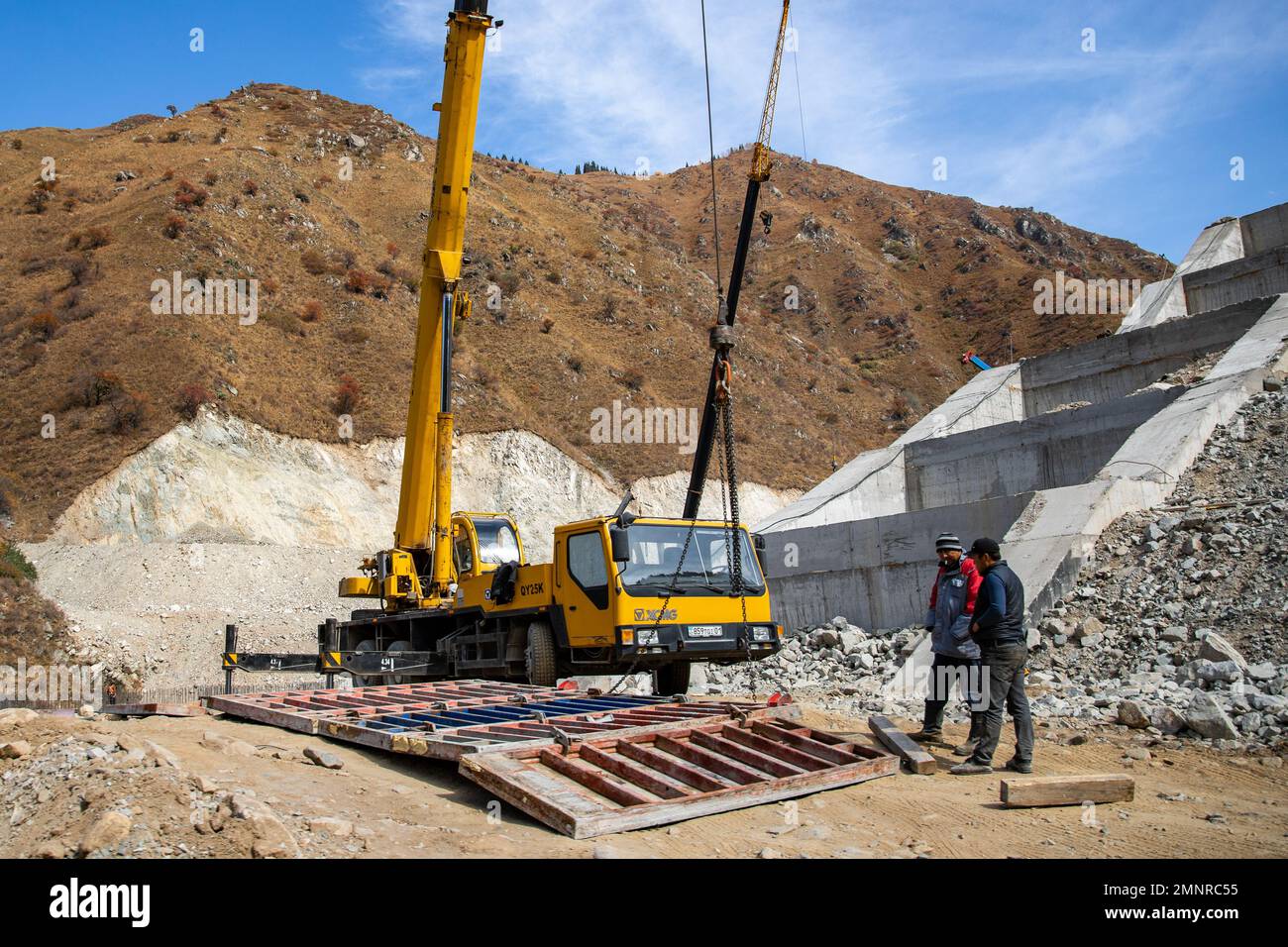 Construction of a mudflow protection dam in the Big Almaty Gorge in the ...