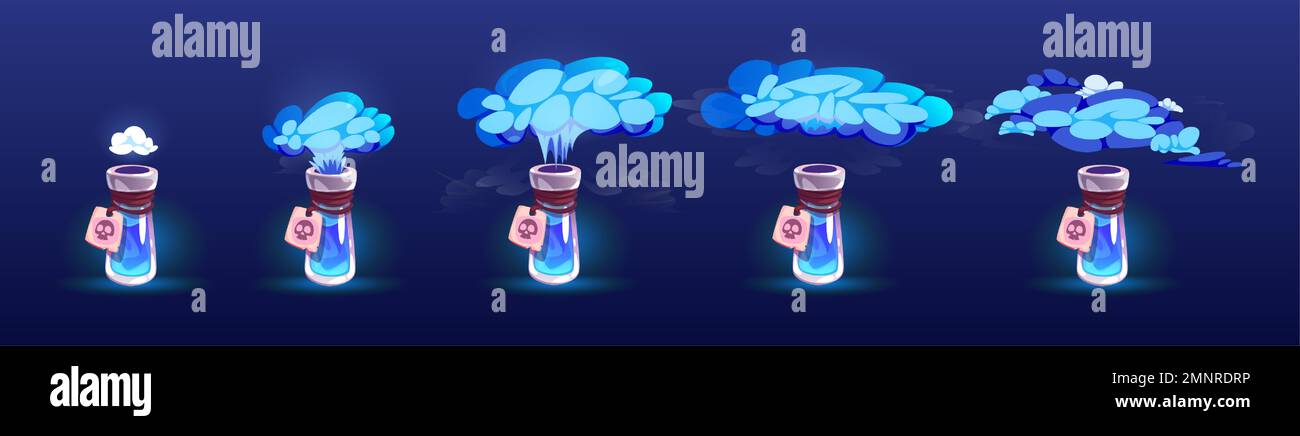Bottle with blue magic potion and smoke for game animation. Sprite ...