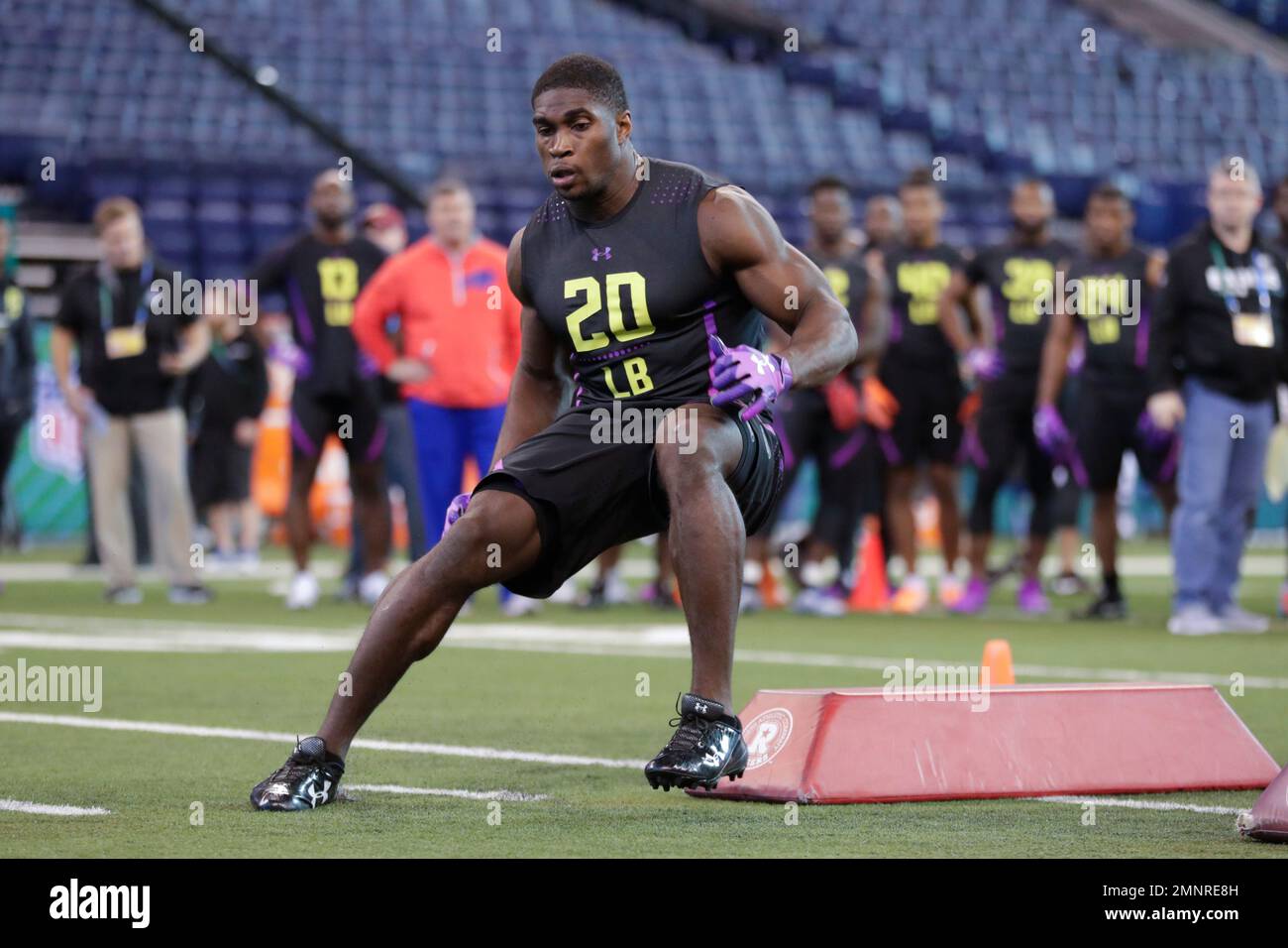 Wisconsin linebacker Leon Jacobs runs a drill at the NFL football ...