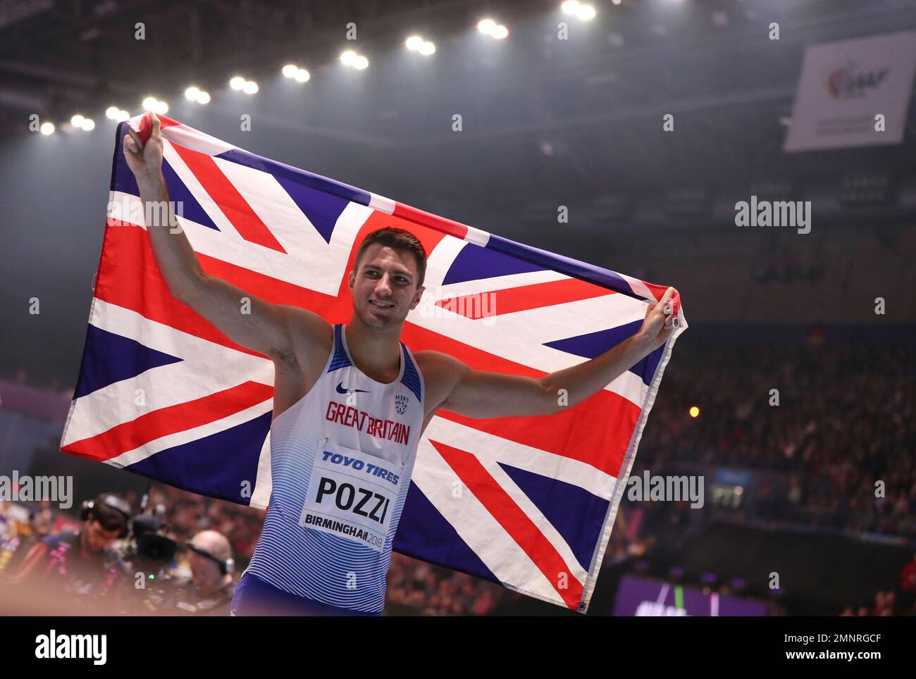 Britain's Andrew Pozzi celebrates after winning the gold medal in the ...