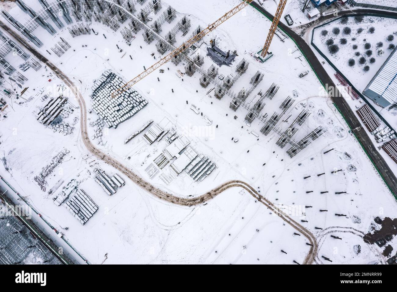building site covered by snow. construction background. aerial top view ...