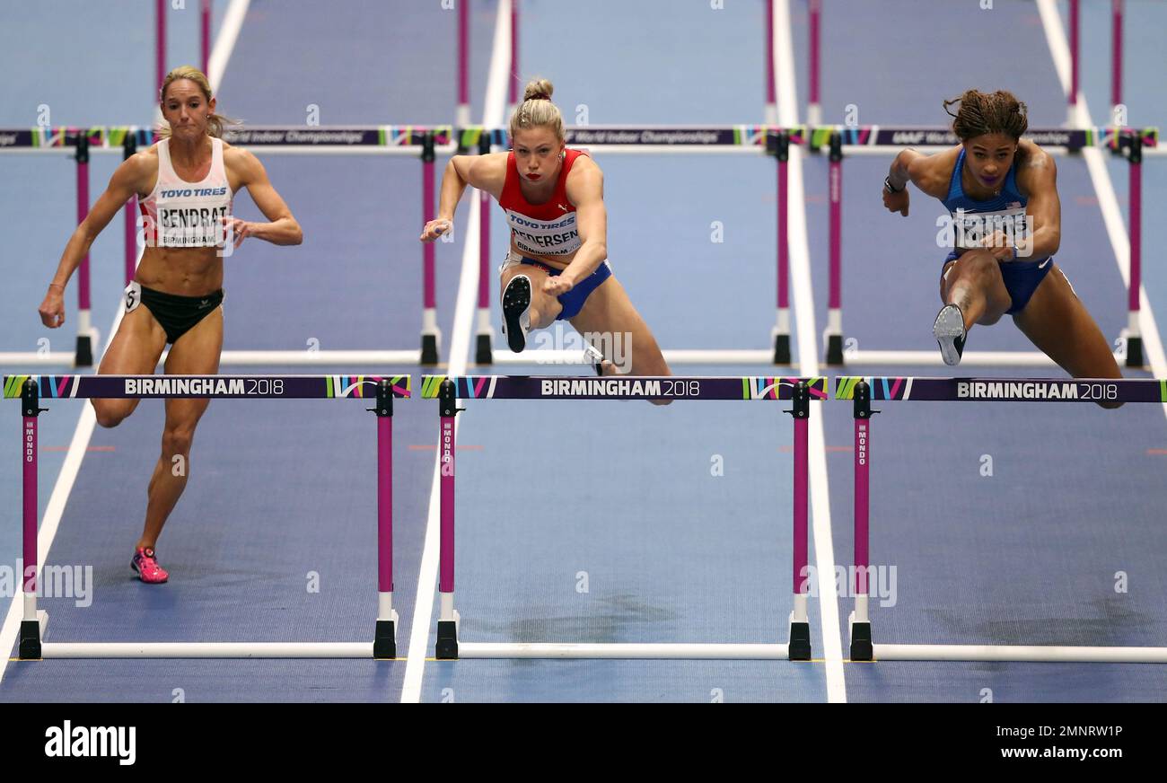 Norway's Isabelle Pedersen, center, competes during a women's 60 meter ...