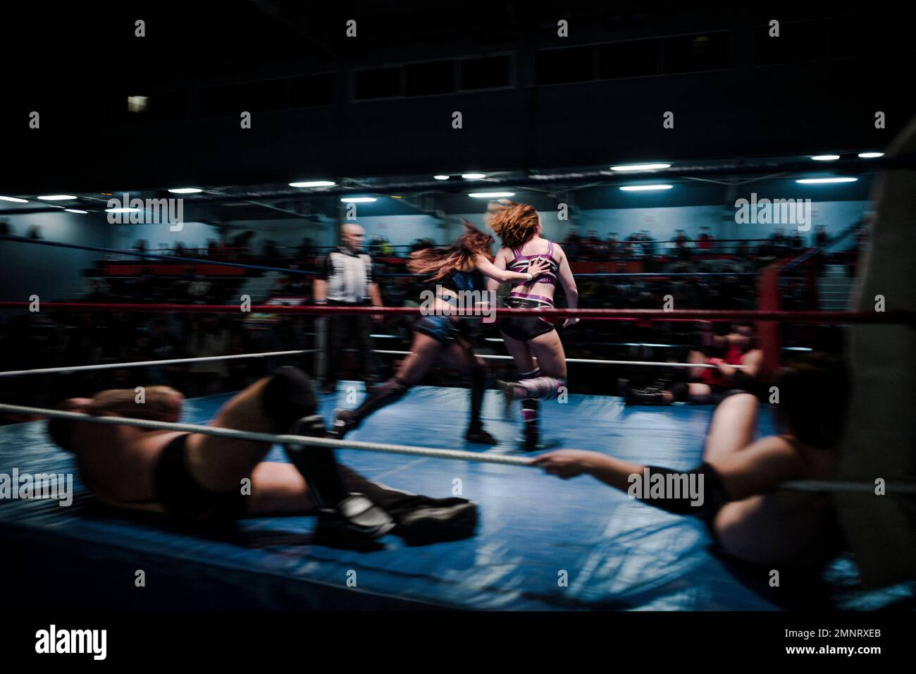 In this photo dated Saturday, Feb. 24, 2018, wrestlers Delia, center ...