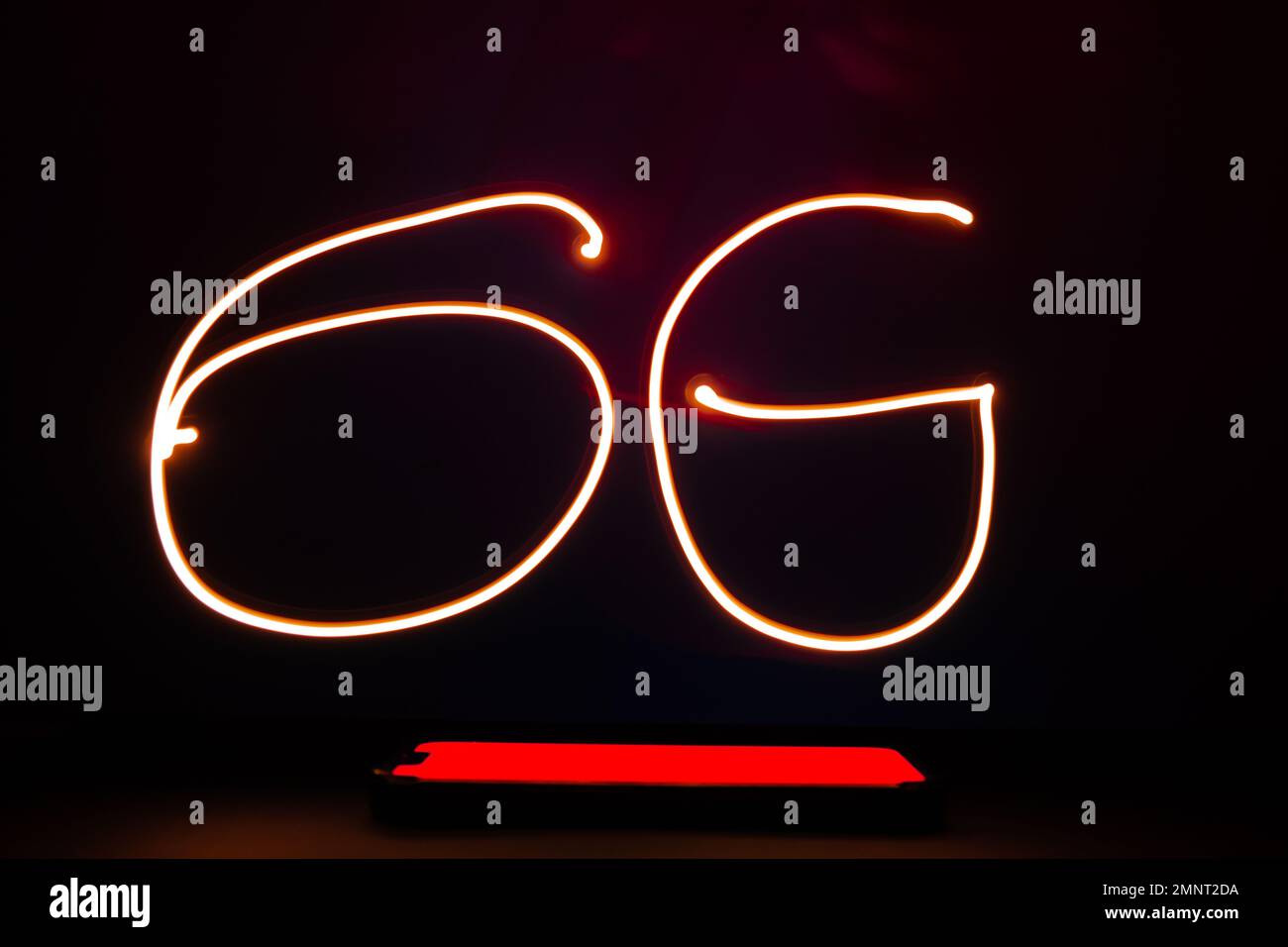 Abstract red lines long exposure light shape of 6G. Network internet ...