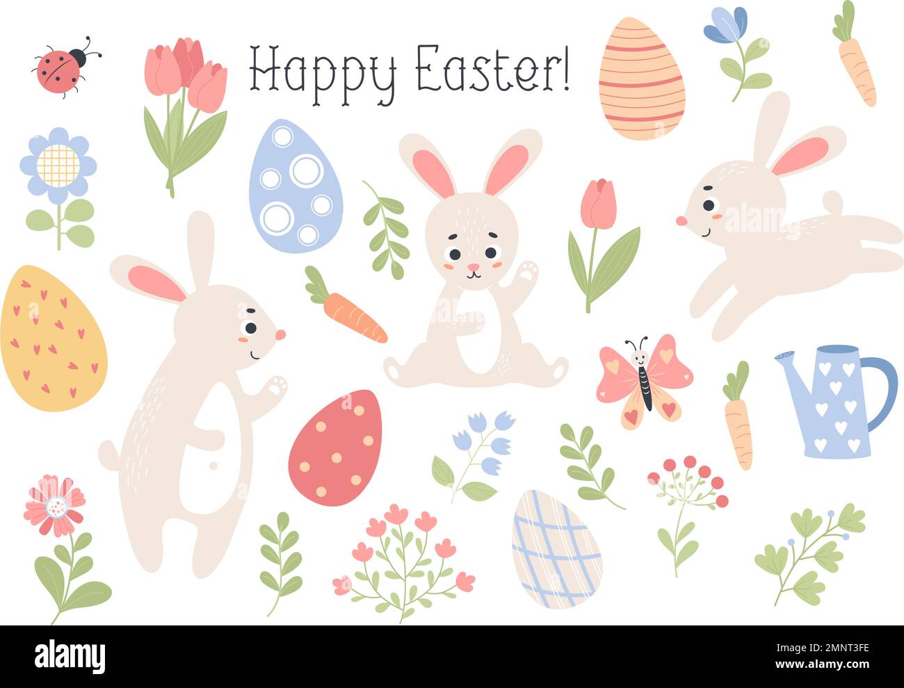 Easter spring collection. Cute rabbits, eggs, flowers, insects, plants ...