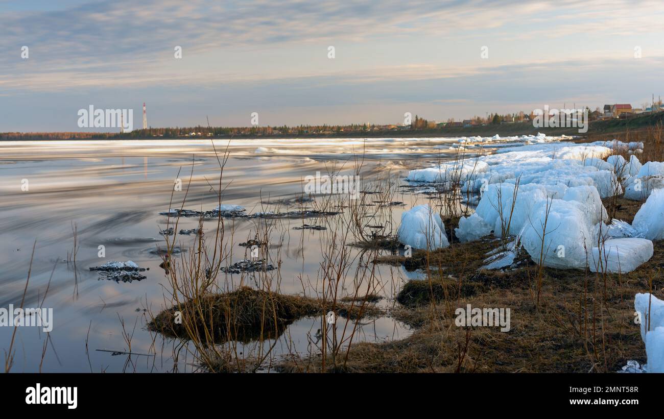 Spring ice melts without moving against the background of the movement ...