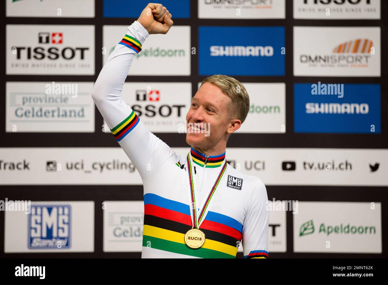 Gold medalist Cameron Meyer of Australia celebrates on the podium after ...