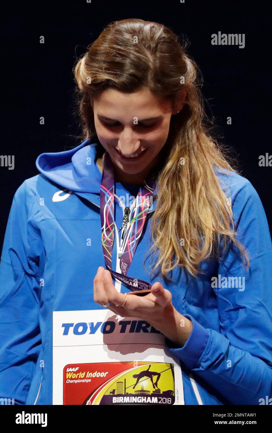 Italy's Alessia Trost looks at the bronze medal for the women's high ...