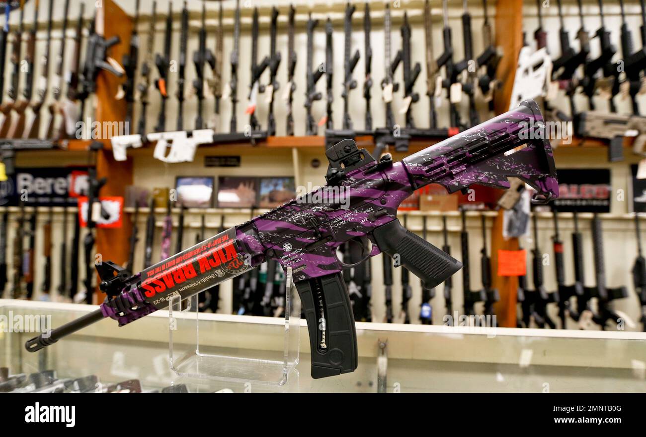 In this photo made on Thursday, March 1, 2018, a Smith & Wesson M&P 15 ...