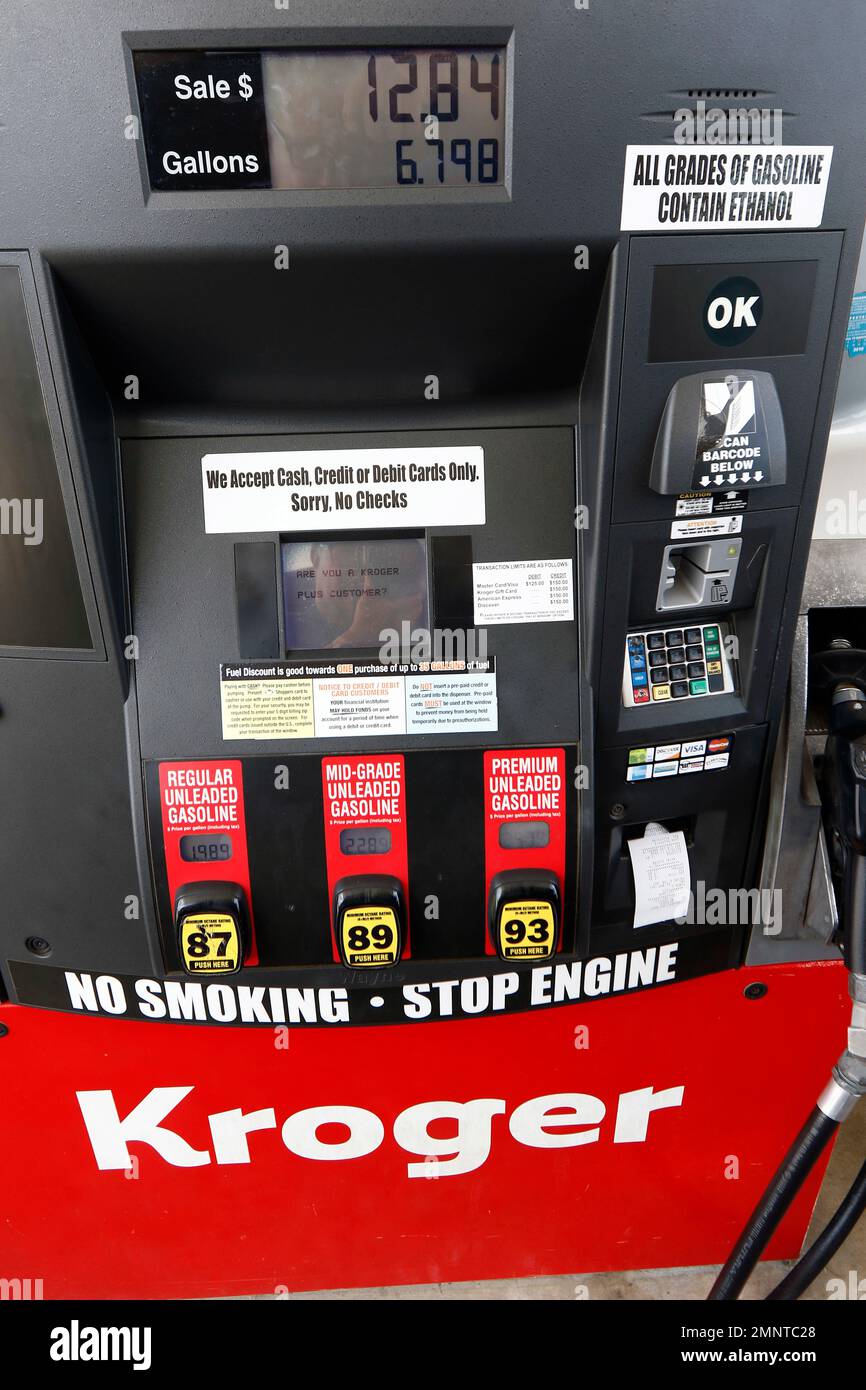 This June 15, 2017, photo shows a Kroger fuel center gas pump in ...