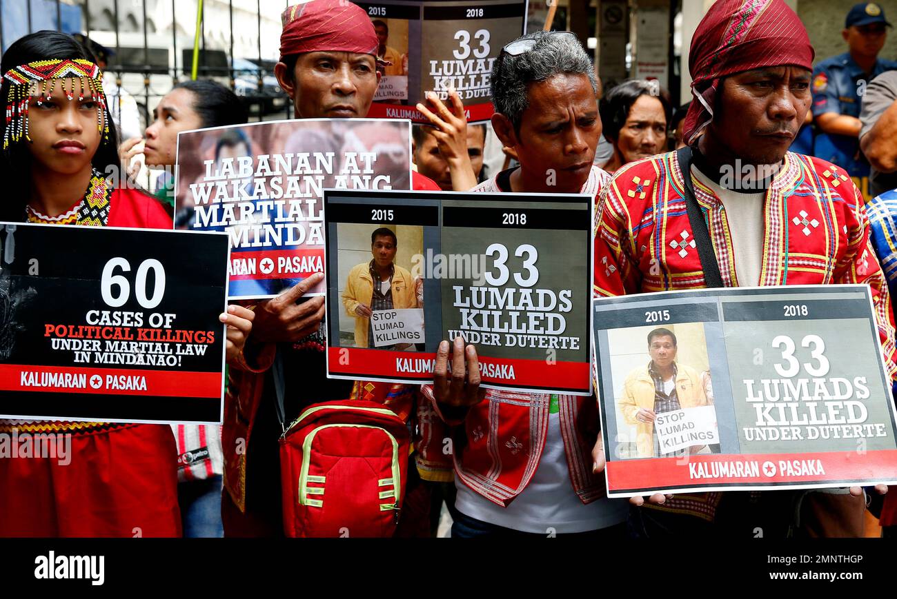 Protesters, mostly indigenous peoples known as "Lumads," gather at the ...