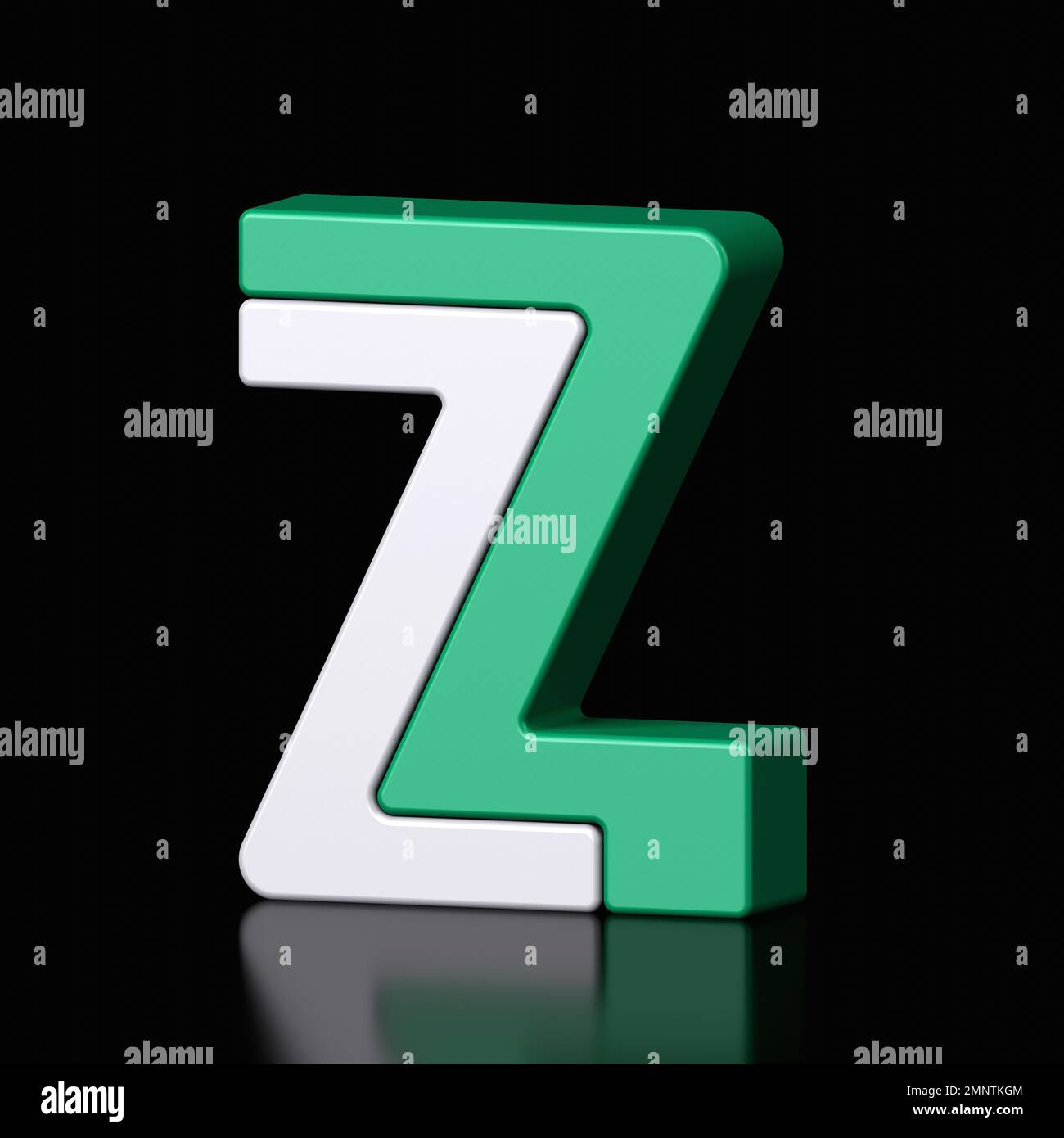 3d letter Z plastic green and white from alphabet isolated in a black ...