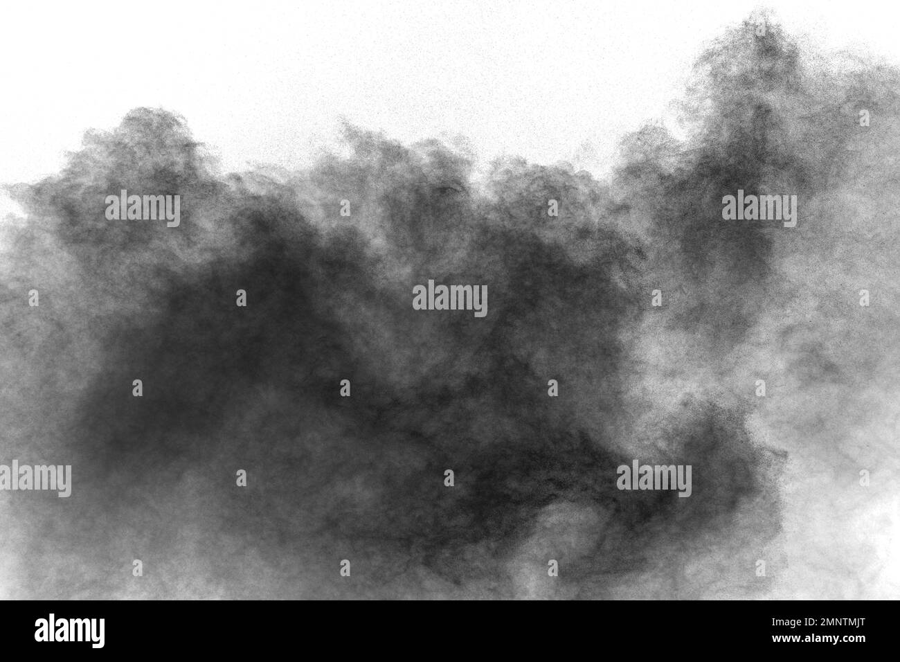 Black powder explosion against white background.Charcoal dust particles ...