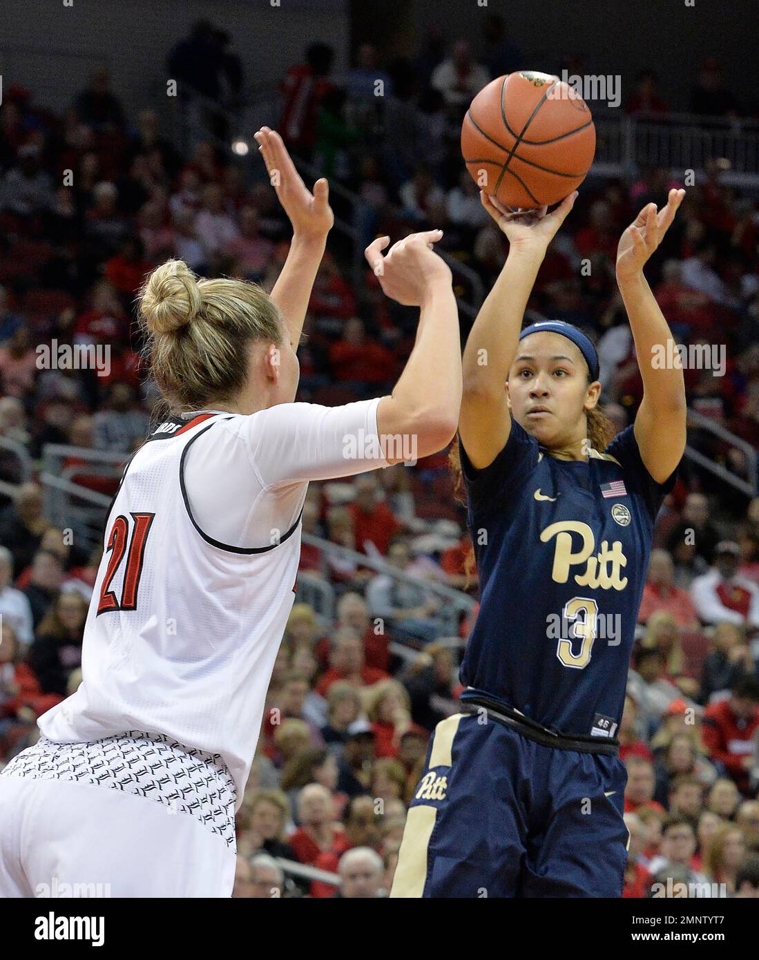 Pittsburgh guard Jasmine Whitney (3) attempts a shot over the defense ...