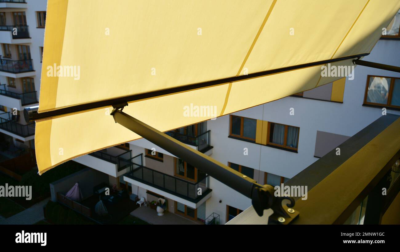 Modern architecture building facade with awnings. Balcony with awning ...