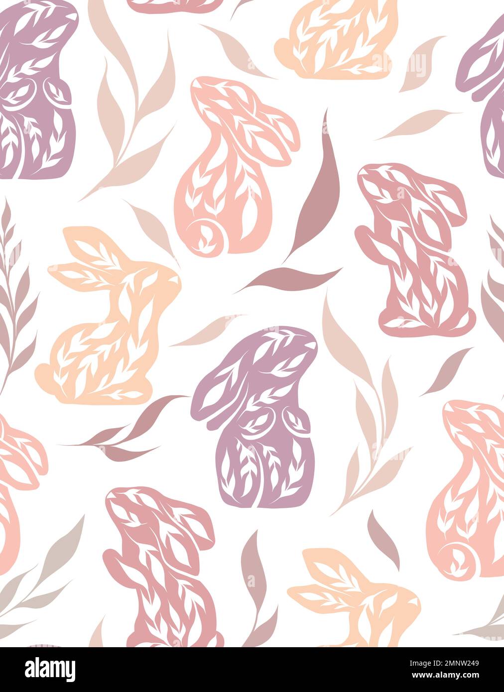 Vector seamless pattern with decorated rabbits and leaves. Texture with ...