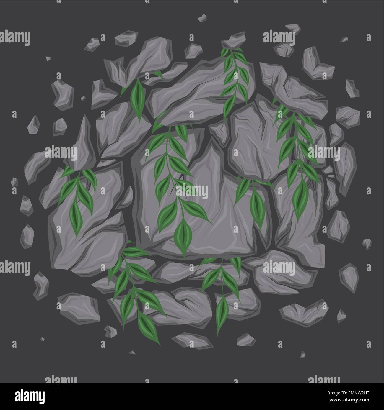 Vector illustration of broken stones with plant stems. Cartoon clipart ...