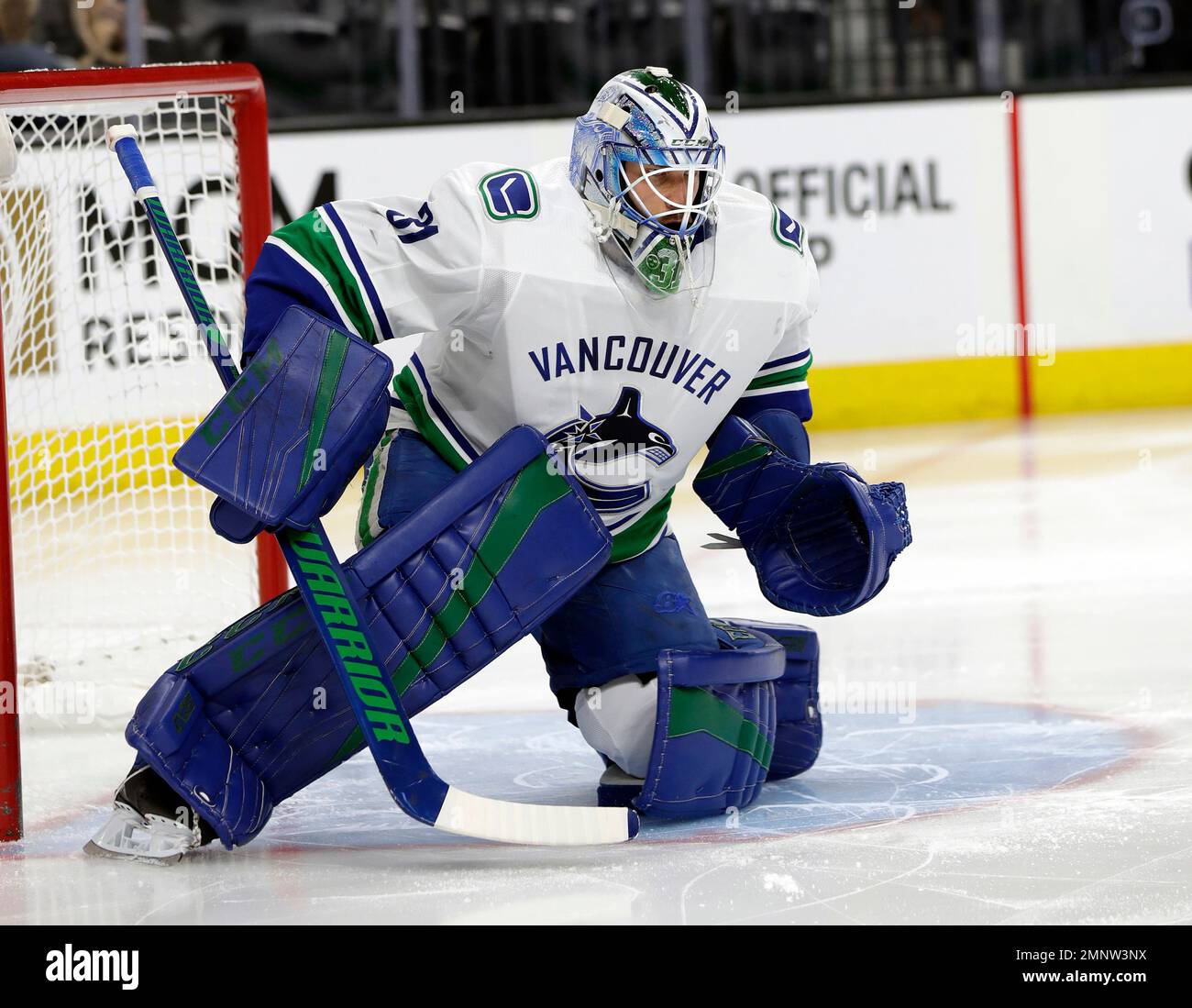 Vancouver Canucks goalie Anders Nilsson warms up before an NHL hockey game against the Vegas ...
