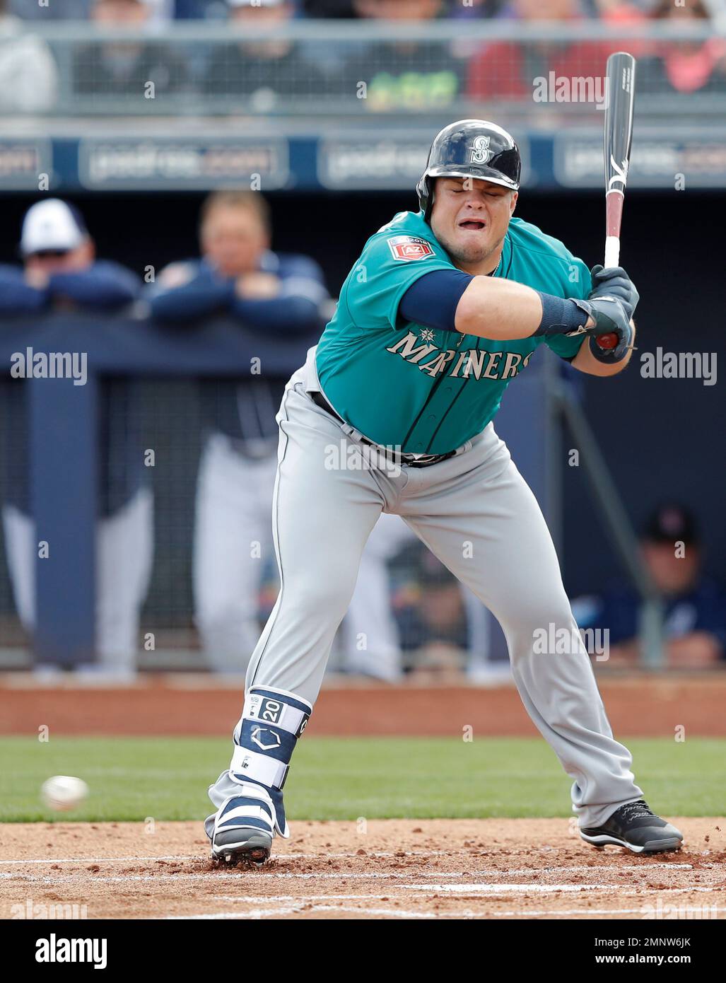 Seattle Mariners designated hitter Daniel Vogelbach reacts after ...