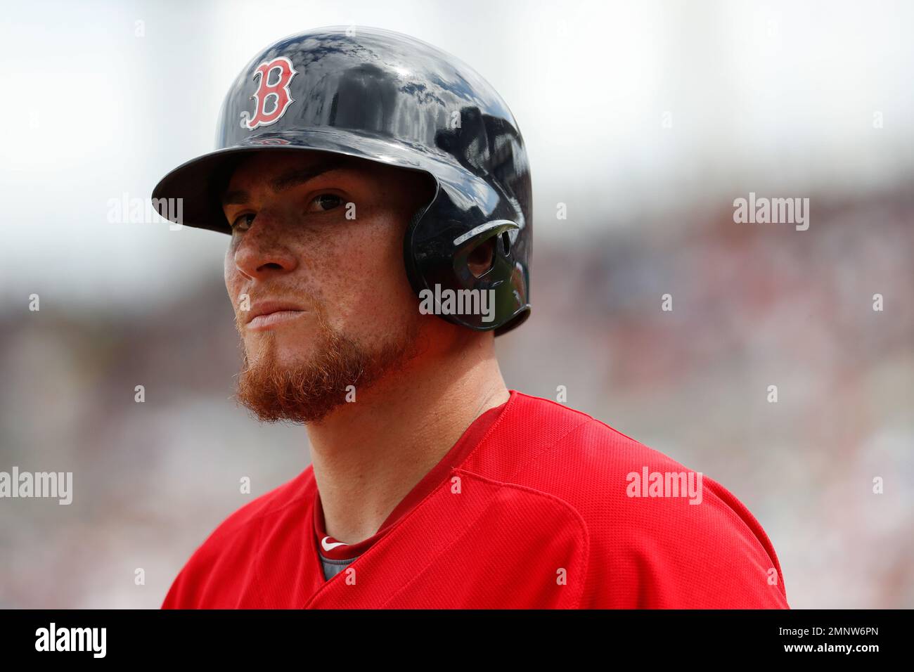 Boston Red Sox catcher Christian Vazquez reacts after batting against ...