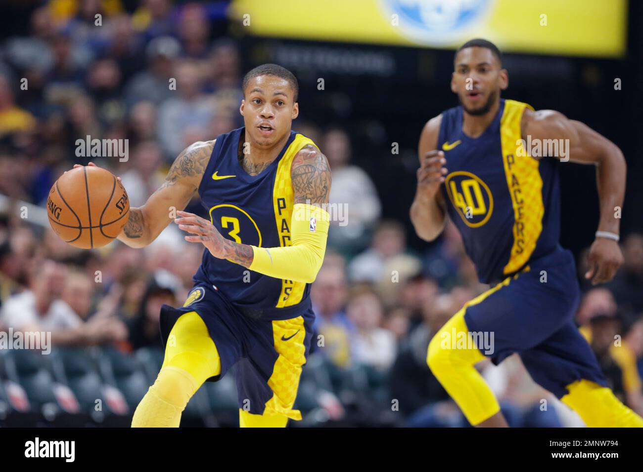 Indiana Pacers guards Joe Young (3) and Glenn Robinson III (40) plays ...