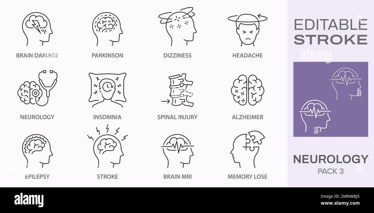 Neurology icons, such as Alzheimer, Parkinson, insomnia, epilepsy and ...