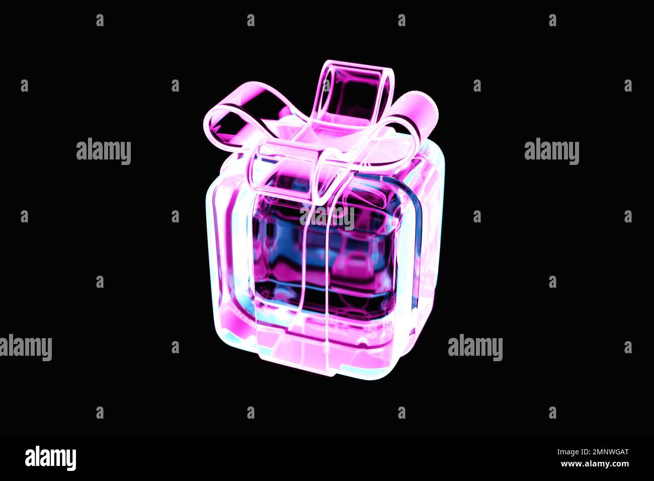 Pink neon box with a big bow with a gift on a black background. Gift ...