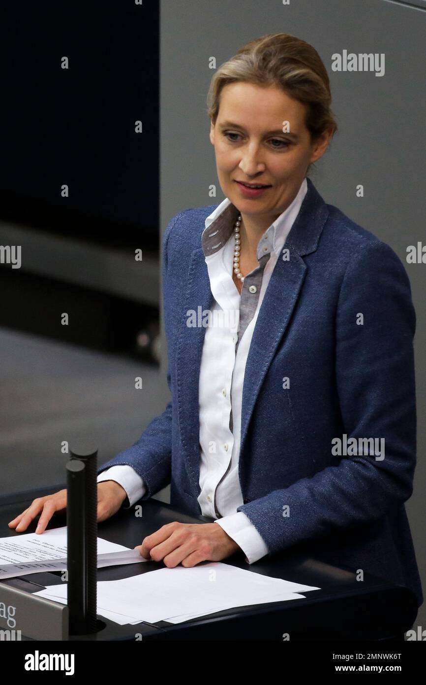 Alternative for Germany co-faction leader Alice Weidel delivers her ...