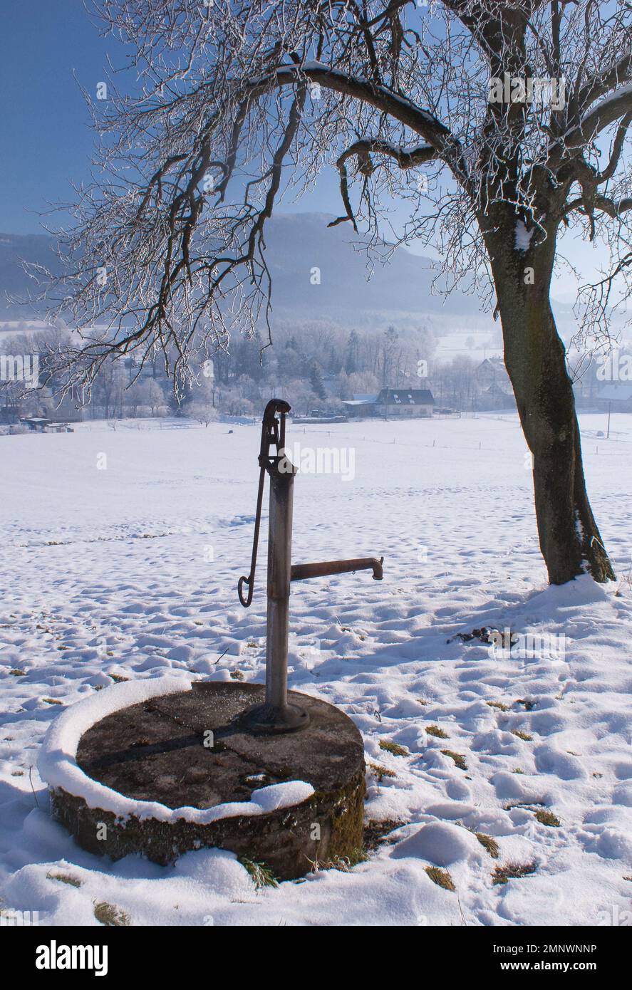 A Well under the tree covered with rime on trees during a cold winter ...