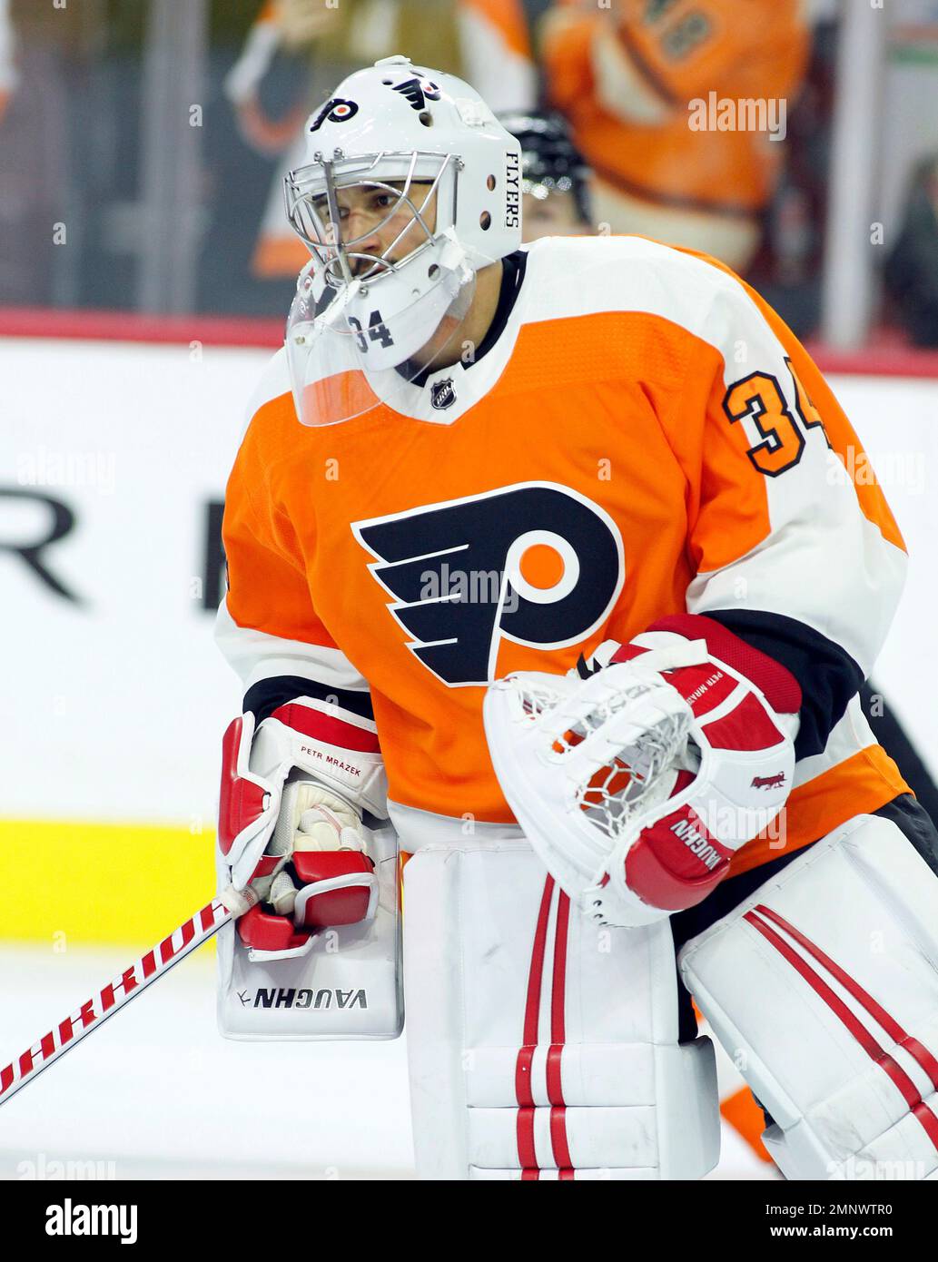 Philadelphia Flyers goalie Petr Mrazek skates during warmups prior to ...