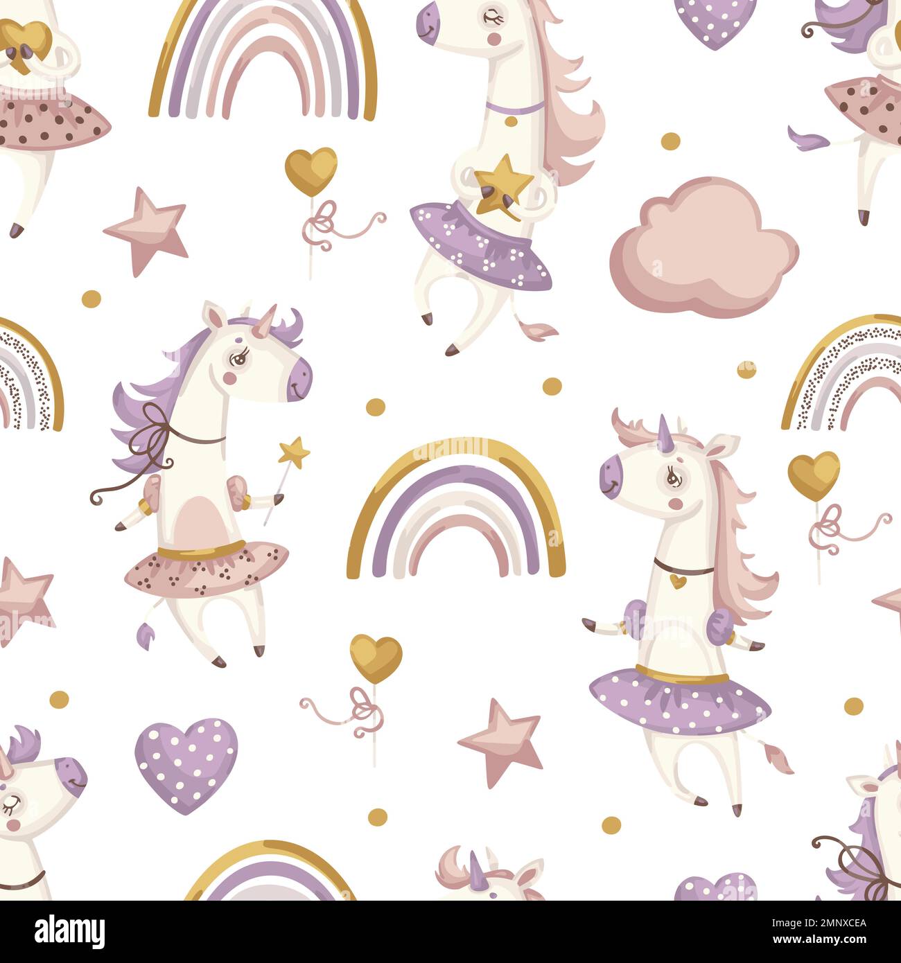Seamless vector pattern with cute unicorns and rainbow with neutral ...