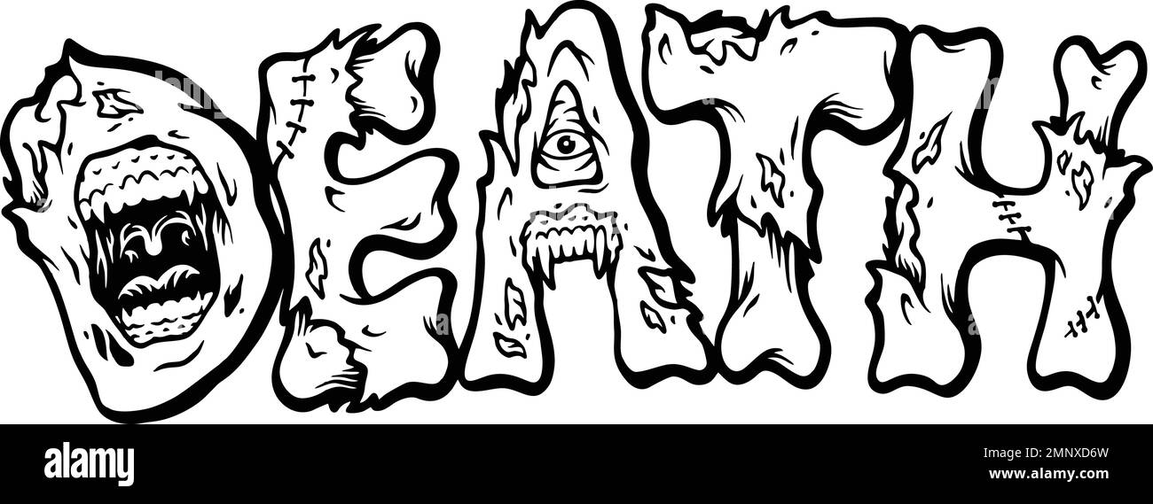 Creepy zombie bone lettering word death monochrome vector illustrations ...