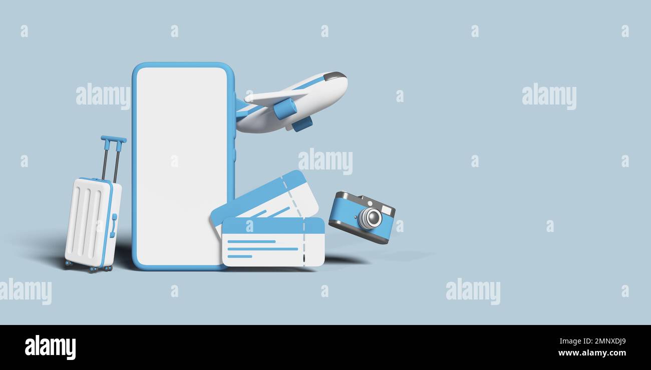 Smartphone, suitcase, plane, camera and tickets on a pastel background ...