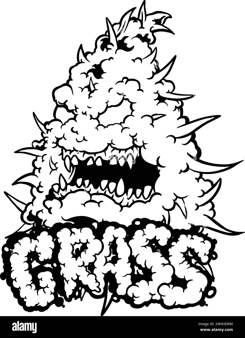 Horror cannabis plant with grass hand lettering word monochrome vector ...