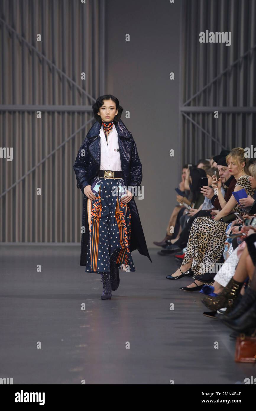 A model wears a creation by Temperley at the Autumn/Winter 2018 runway ...