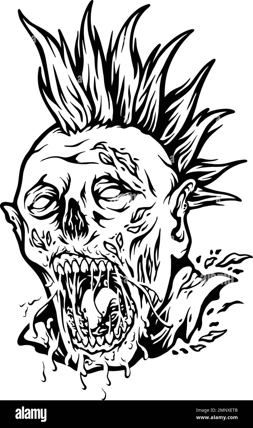 Scary head zombie punk black and white vector illustrations for your ...
