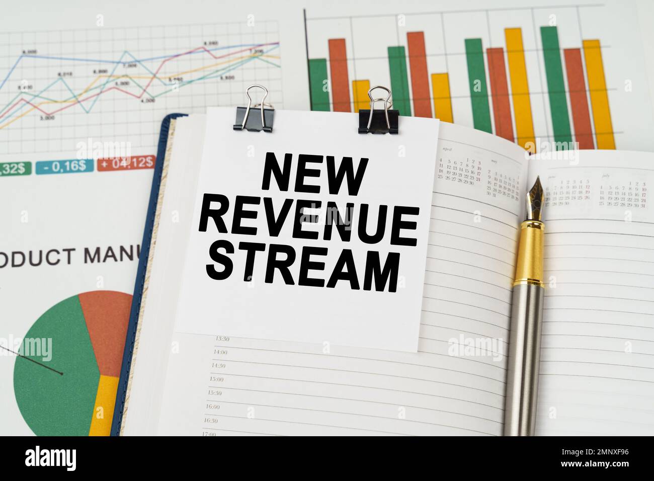 Business concept. On the business charts lies a pen, a notepad with ...