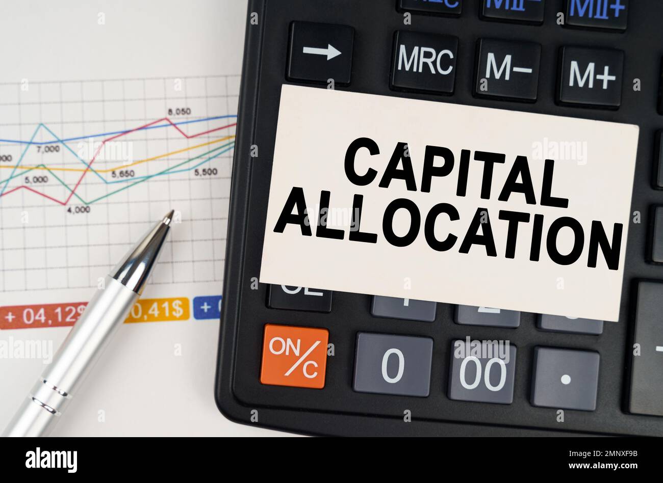 Business concept. On the business chart lies a pen, a calculator and a ...